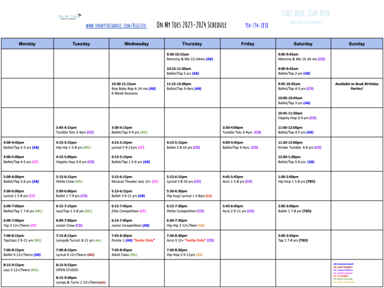 Dance Schedule - On My Toes Dance Academy
